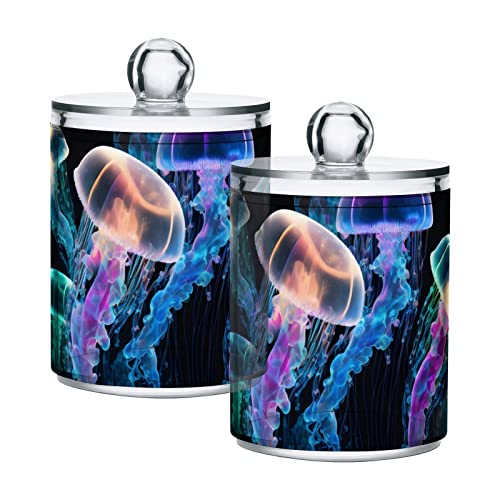 Vnurnrn Plastic Jars with Lid (Glowing Sea Jellyfish), Bathroom Vanity Canisters Storage Organizer for Cotton Balls, Swabs, Pads,Bath Salts, 4 Pack