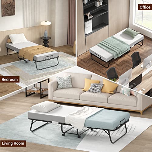 Homieasy Folding Bed with Mattress, Portable Foldable Bed with Storage Cover, Rollaway Bed for Adults with Memory Foam Mattress and Metal Frame, Cot Size Extra Guest Bed on Wheels (75β x 31β)