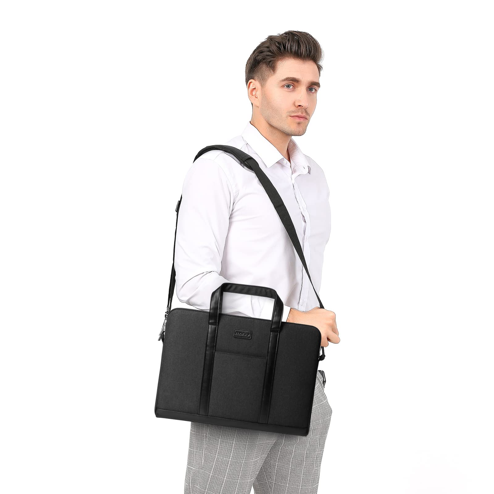 MOSISO Laptop Shoulder Bag Compatible with MacBook Pro 16 2023-2019 M2 A2780 M1 A2485 A2141,15-15.6 inch Notebook, Polyester Sleeve with Front Button Pocket&Fix Handle&PU Leather Bottom&Belt, Black