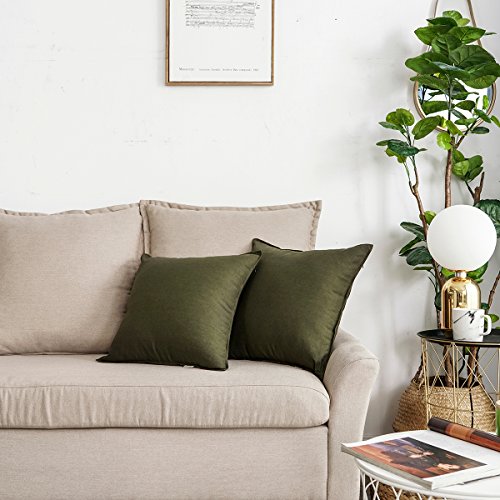 Jeanerlor Pack of 2 24 x 24 Inch Cotton Linen Soft Soild Decorative Square Throw Pillow Covers Green Cushion Case Set for Bedroom/Sofa/Car 60 x 60 Cm,Olive Green