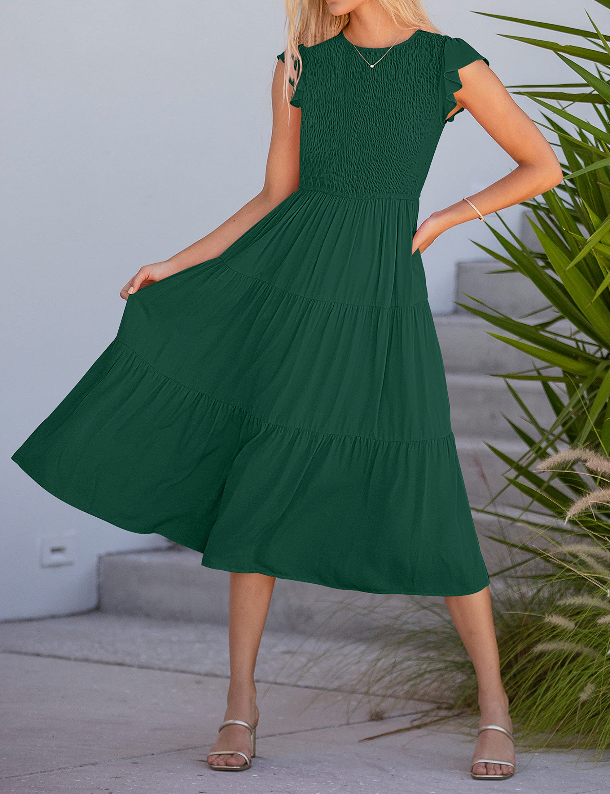 MEROKEETY Women's Summer Casual Short Sleeve Round Neck Smocked High Waist Flowy Sun Midi Dress,ForestGreen,L