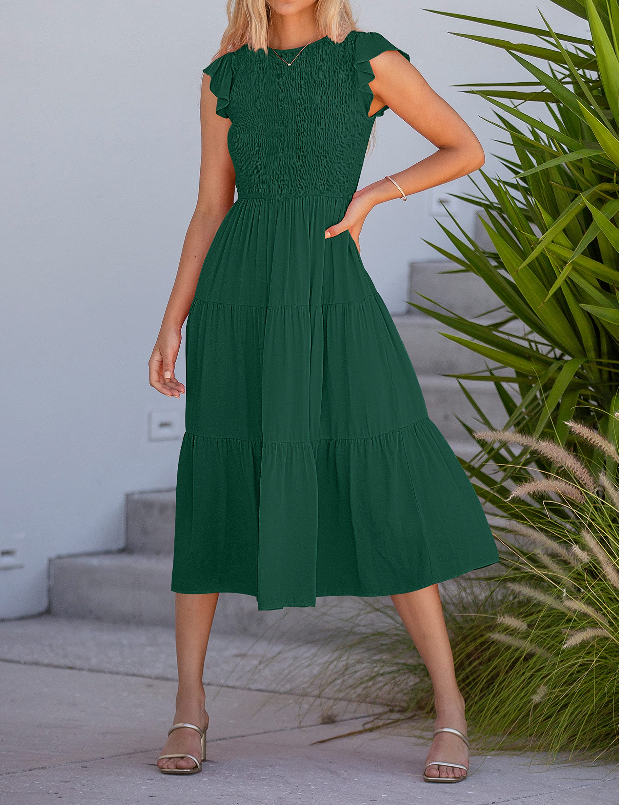 MEROKEETY Women's Summer Casual Short Sleeve Round Neck Smocked High Waist Flowy Sun Midi Dress,ForestGreen,L