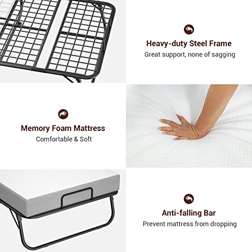 Homieasy Folding Bed with Mattress, Portable Foldable Bed with Storage Cover, Rollaway Bed for Adults with Memory Foam Mattress and Metal Frame, Cot Size Extra Guest Bed on Wheels (75β x 31β)