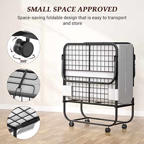 Homieasy Folding Bed with Mattress, Portable Foldable Bed with Storage Cover, Rollaway Bed for Adults with Memory Foam Mattress and Metal Frame, Cot Size Extra Guest Bed on Wheels (75β x 31β)