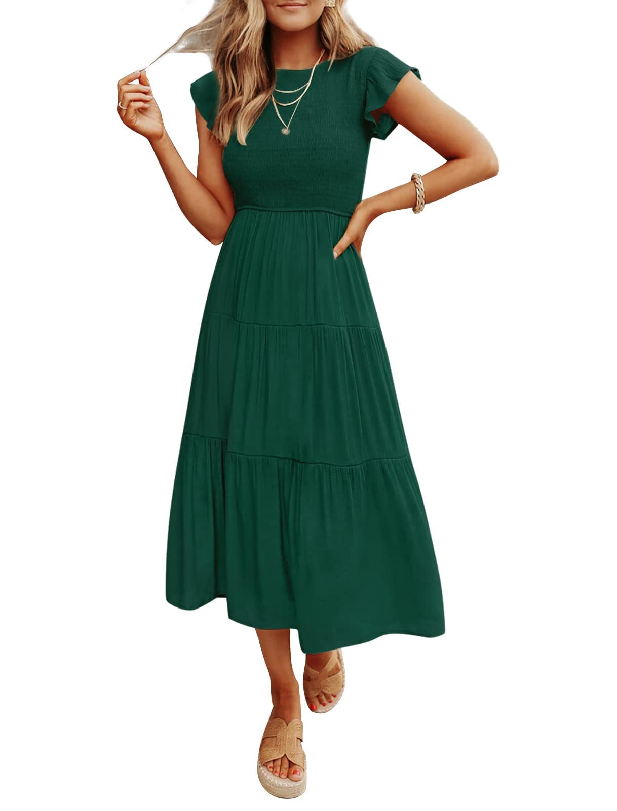 MEROKEETY Women's Summer Casual Short Sleeve Round Neck Smocked High Waist Flowy Sun Midi Dress,ForestGreen,L