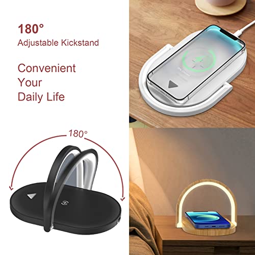 Table Lamp with Wireless Charger, 3 in 1 LED Bedside Night Light Phone Kickstand Foldable 15W Quick Wireless Charger for iPhone Samsung Huawei, Dimmable Desk Lamp for Bedroom, Office-Wood