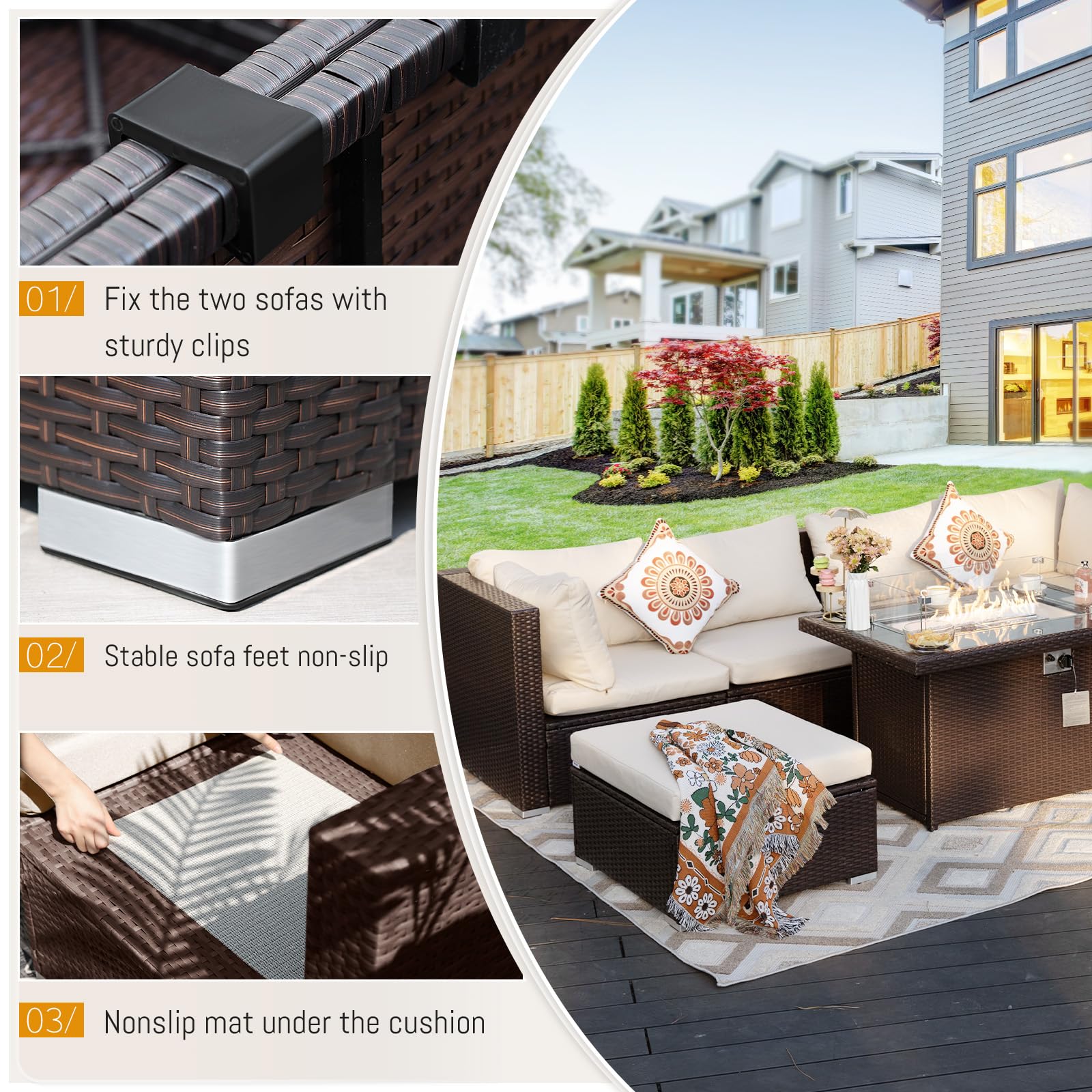 BULEXYARD High Back Brown PE Rattan Outdoor Patio Furniture Set with Propane Fire Pit Table, Large Wicker Outside Sectional Furniture Sofa Conversation Sets for Backyard(Beige, 9Pcs-B)