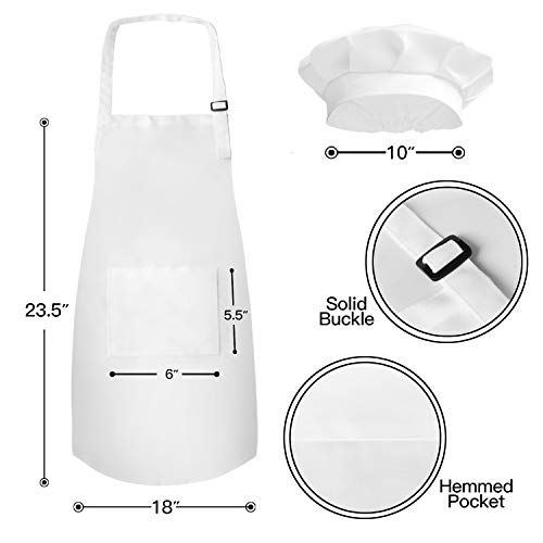 Novelty Place Kid's Apron with Chef Hat Set (3 Set) - Skin-friendly Childrenās Bib with Pocket - Cooking, Baking, Painting, Training Wear - Kid's Size (6-12 Year, White)