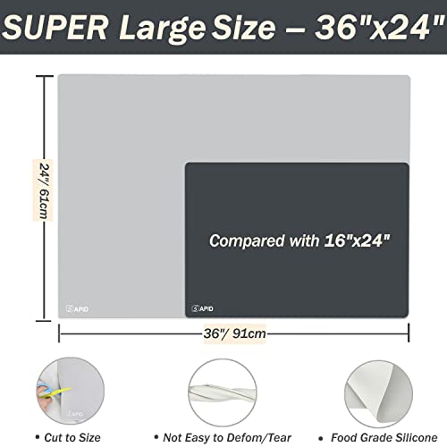Extra Large Silicone Mat 36" x 24" Place Mats, Heat Resistant Mat for Kitchen Countertop Protector, Thick Placemats Washable Silicone Mats for Kitchen Counter Mat Dining Table Mat, Grey, Sapid