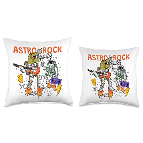 Rock and Roll Astronaut and Dino Play Kids Who Love Rock Throw Pillow, 16x16, Multicolor