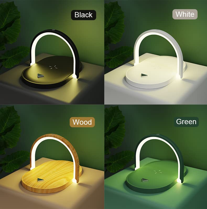 Table Lamp with Wireless Charger, 3 in 1 LED Bedside Night Light Phone Kickstand Foldable 15W Quick Wireless Charger for iPhone Samsung Huawei, Dimmable Desk Lamp for Bedroom, Office-Wood