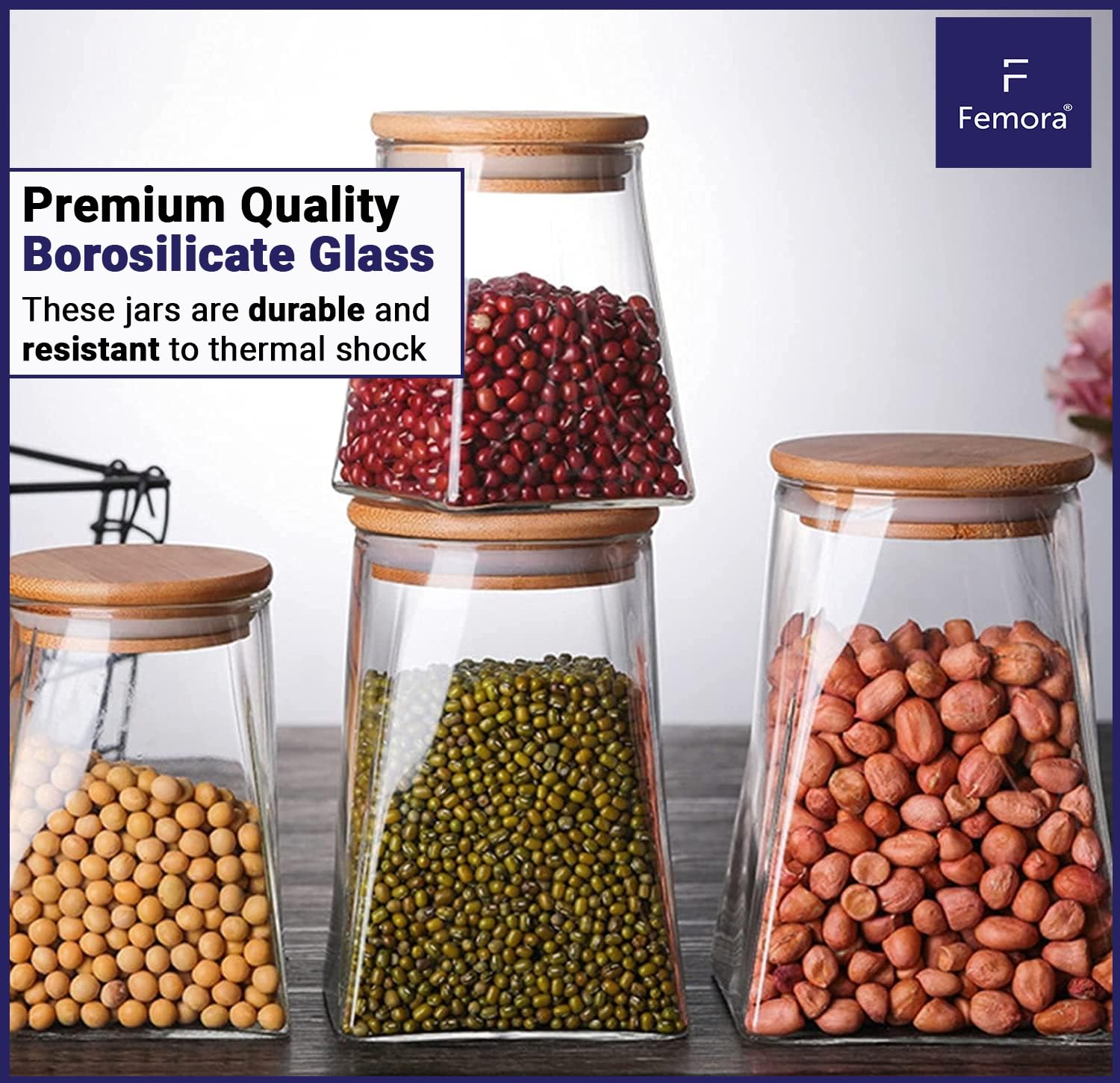 Femora Kitchen Storage Jars Borosilicate Glass Jars for Kitchen With Wooden Lid Air Tight Jar, 900 ML, Pack of 1