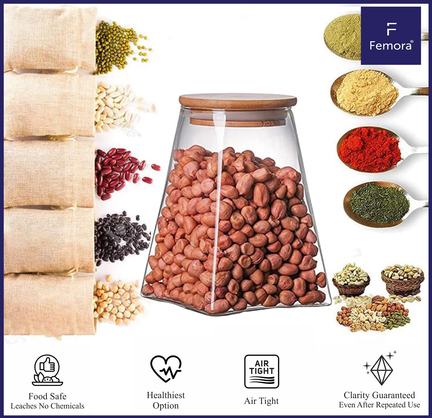 Femora Kitchen Storage Jars Borosilicate Glass Jars for Kitchen With Wooden Lid Air Tight Jar, 900 ML, Pack of 1