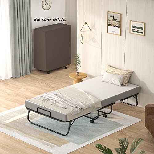 Homieasy Folding Bed with Mattress, Portable Foldable Bed with Storage Cover, Rollaway Bed for Adults with Memory Foam Mattress and Metal Frame, Cot Size Extra Guest Bed on Wheels (75β x 31β)