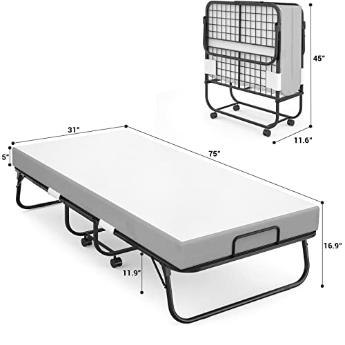 Homieasy Folding Bed with Mattress, Portable Foldable Bed with Storage Cover, Rollaway Bed for Adults with Memory Foam Mattress and Metal Frame, Cot Size Extra Guest Bed on Wheels (75β x 31β)