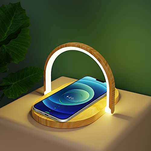 Table Lamp with Wireless Charger, 3 in 1 LED Bedside Night Light Phone Kickstand Foldable 15W Quick Wireless Charger for iPhone Samsung Huawei, Dimmable Desk Lamp for Bedroom, Office-Wood