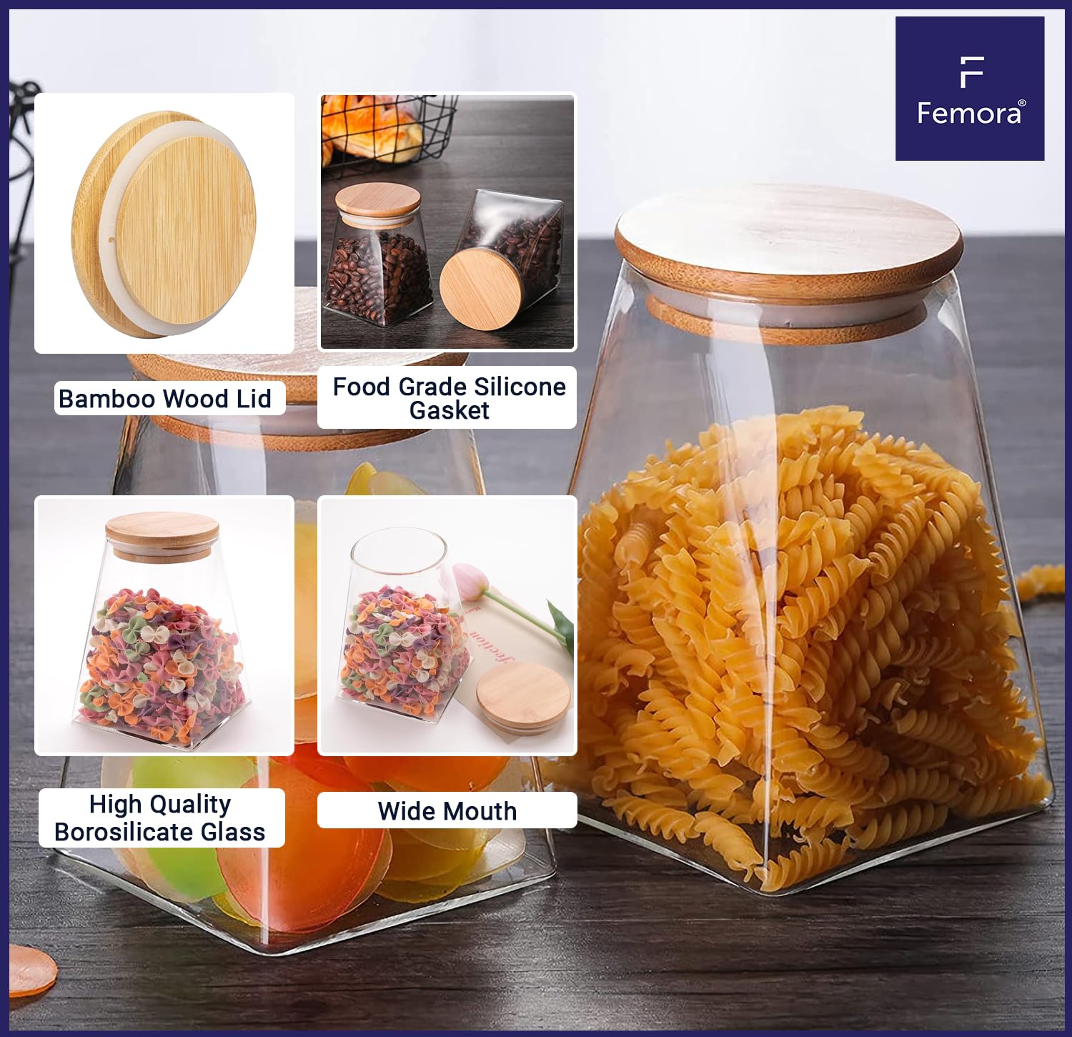 Femora Kitchen Storage Jars Borosilicate Glass Jars for Kitchen With Wooden Lid Air Tight Jar, 900 ML, Pack of 1