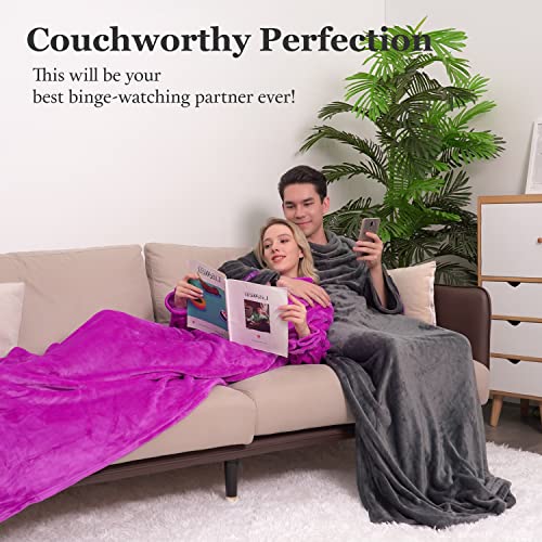 Winthome Wearable Blanket with Sleeves for Adults Women Men, Soft and Warm TV Wrap Throw Blanket with Elastic Cuffs, Hook and Loop Fastener(Grey,55.1"X66.9")