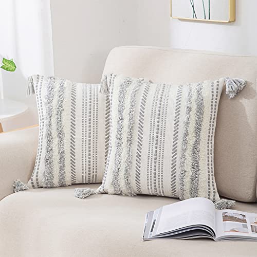 decorUhome Set of 2 Boho Decorative Throw Pillow Covers for Bed Bedroom Neutral Accent Cushion Cover Tufted Woven Pillow Case, 18x18, Grey and Cream White