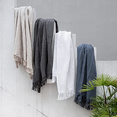 100% Cotton Waffle Blanket with Fringe, Pre-Washed Waffle Weave Blanket for All Season, Lightweight Breathable Soft Cozy Throw Blanket for Couch, Bed, Travel (Blue - 50x60 Inches)