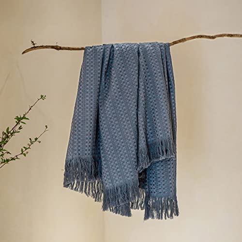 100% Cotton Waffle Blanket with Fringe, Pre-Washed Waffle Weave Blanket for All Season, Lightweight Breathable Soft Cozy Throw Blanket for Couch, Bed, Travel (Blue - 50x60 Inches)
