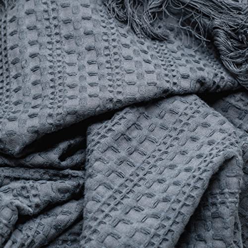 100% Cotton Waffle Blanket with Fringe, Pre-Washed Waffle Weave Blanket for All Season, Lightweight Breathable Soft Cozy Throw Blanket for Couch, Bed, Travel (Blue - 50x60 Inches)