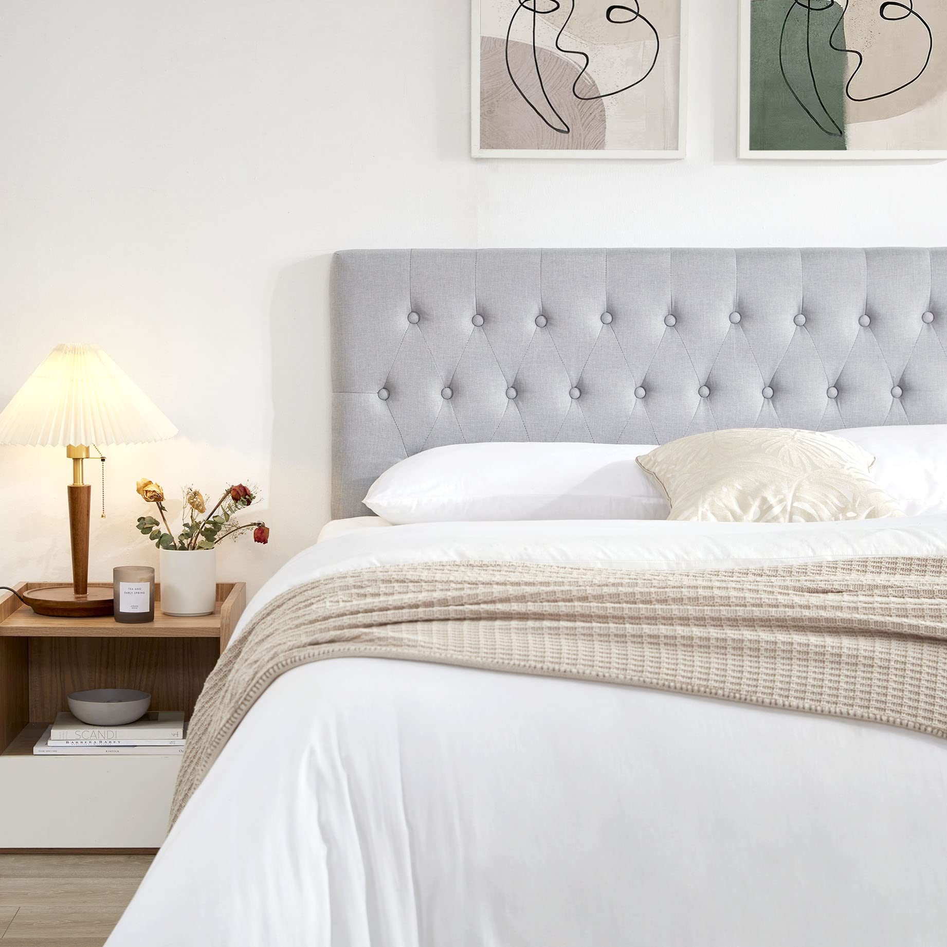 Kingfun Headboards for King Size Bed in Modern Button Design, Premium Linen Fabric Upholstered Tufted Bed Headboard, Adjustable Solid Wood Head Board, Grey