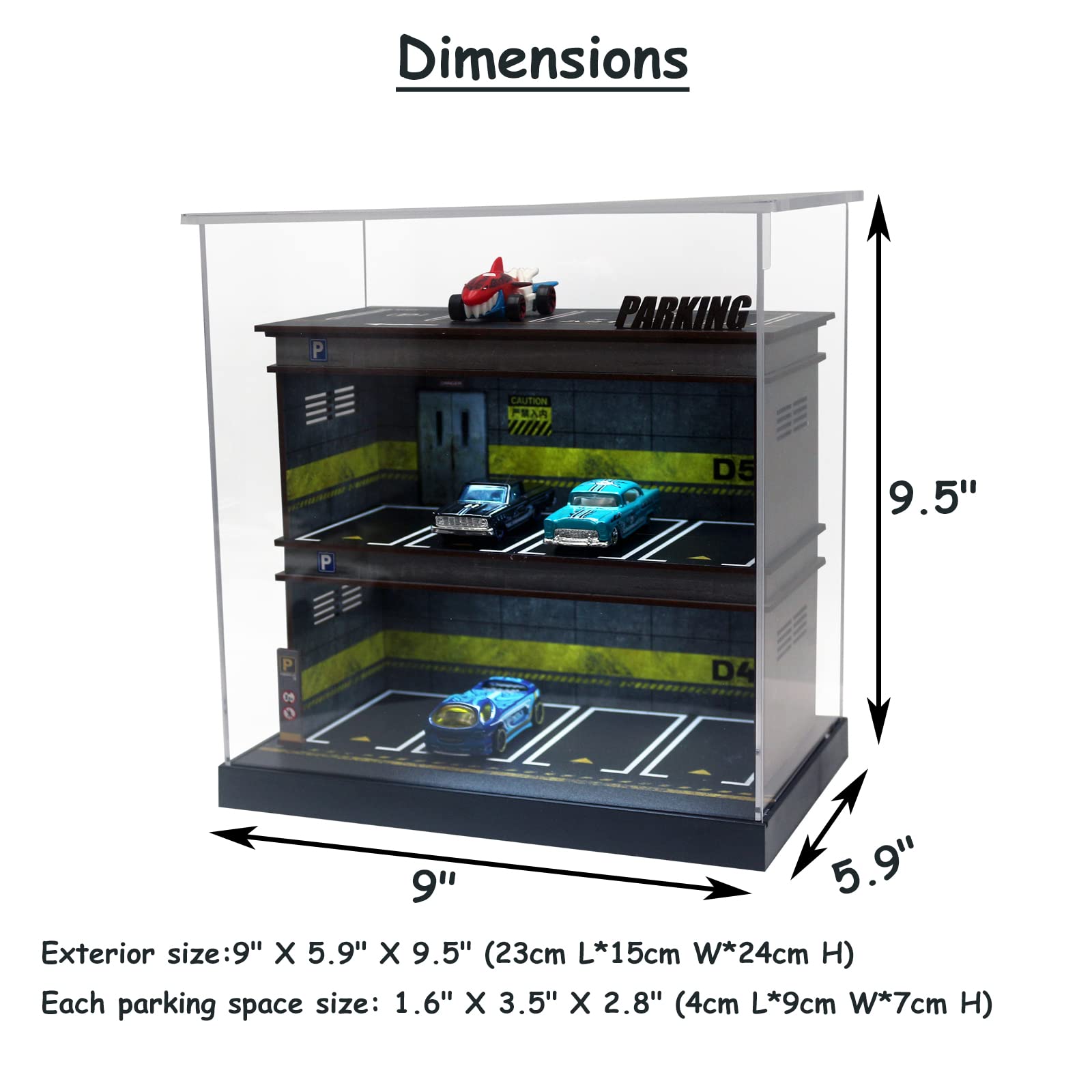 Hot Diecast Wheels Display Case - 1/64 Scale Die-cast Model Car Display Case with LED Light and Acrylic Cover, Wooden Parking Garage in 3 Floors with 10 Parking Spaces (D5)