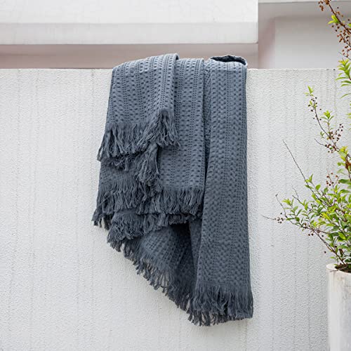 100% Cotton Waffle Blanket with Fringe, Pre-Washed Waffle Weave Blanket for All Season, Lightweight Breathable Soft Cozy Throw Blanket for Couch, Bed, Travel (Blue - 50x60 Inches)