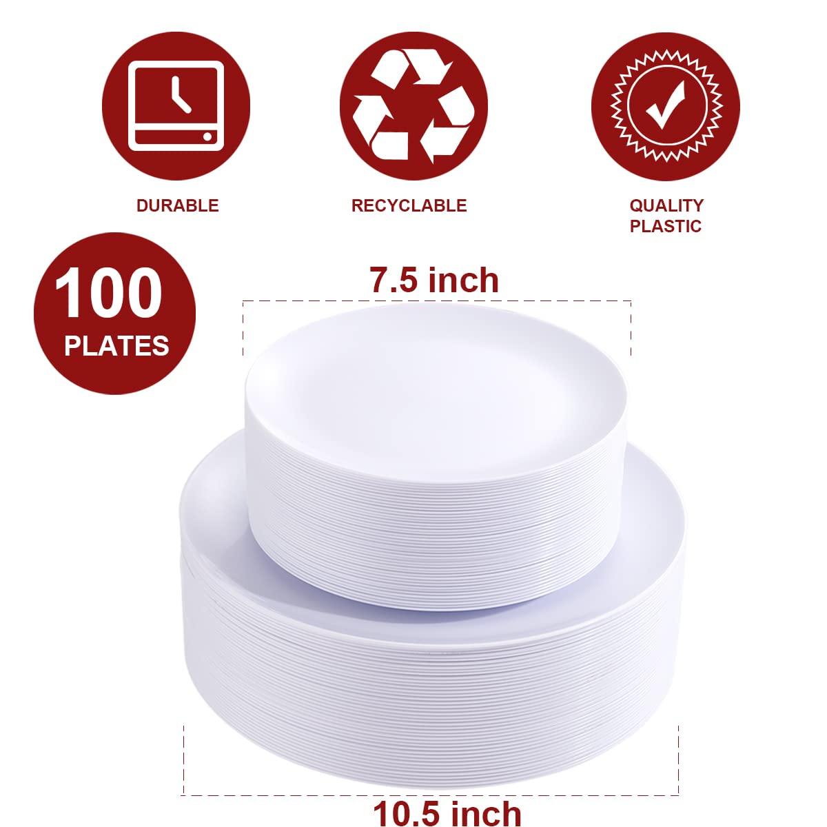 PULOTE 100PCS White Plastic Plates-Premium Quality Heavyweight White Disposable Plates including 50 White Dinner Plates, 50 White Dessert/Salad Plates,for Wedding&Party