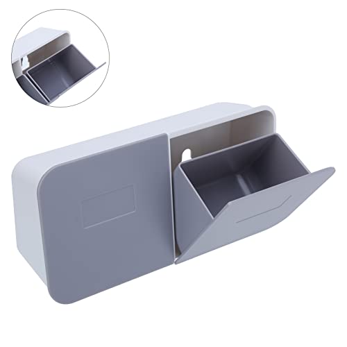 Cotton Swab Storage Box, 2 Grids Clamshell Removable Storage Organizer, Wall Mounted Storage Container with 2 Super Glue for Cosmetic Sponge Sanitary Napkins Makeup Pads Bath Salts Kitchen(White Gray)