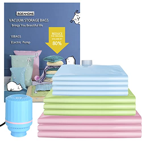 Vacuum Storage Bag with Electric Pump,10-Pack Space Saving Bag,Vacuum Compression Bag for Travel and Home for Quilts,Blankets,Clothes,Pillows. (Blue pump)