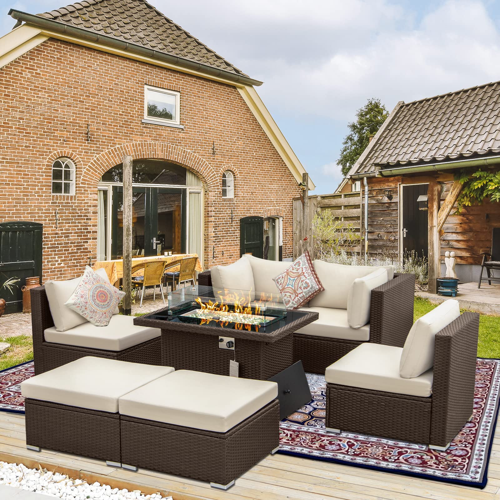BULEXYARD High Back Brown PE Rattan Outdoor Patio Furniture Set with Propane Fire Pit Table, Large Wicker Outside Sectional Furniture Sofa Conversation Sets for Backyard(Beige, 7Pcs)