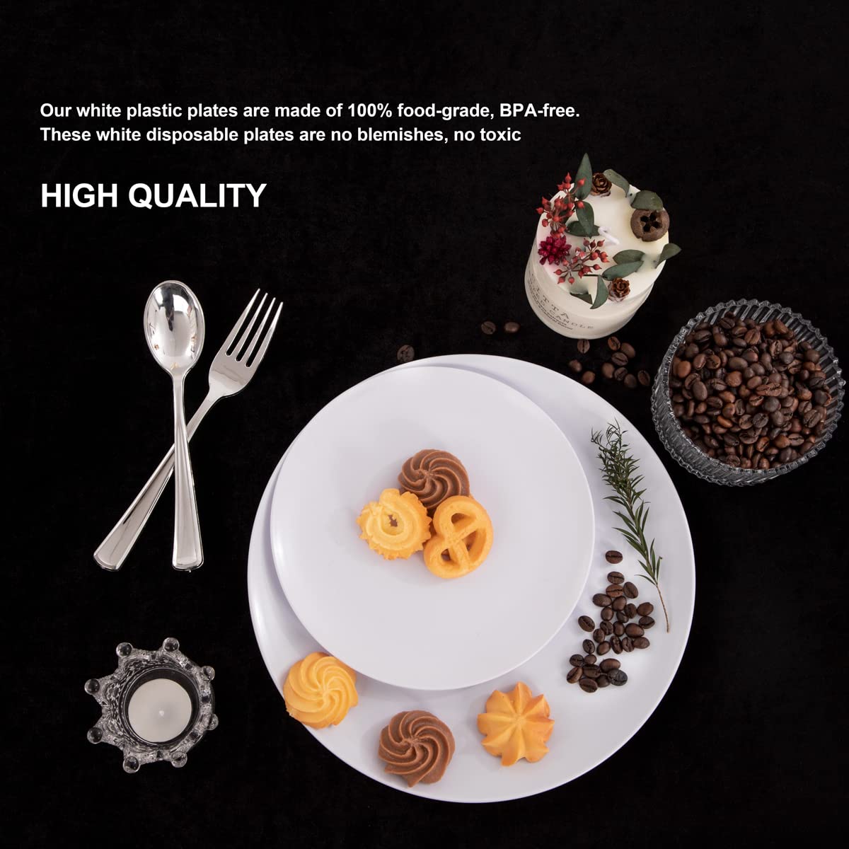 PULOTE 100PCS White Plastic Plates-Premium Quality Heavyweight White Disposable Plates including 50 White Dinner Plates, 50 White Dessert/Salad Plates,for Wedding&Party