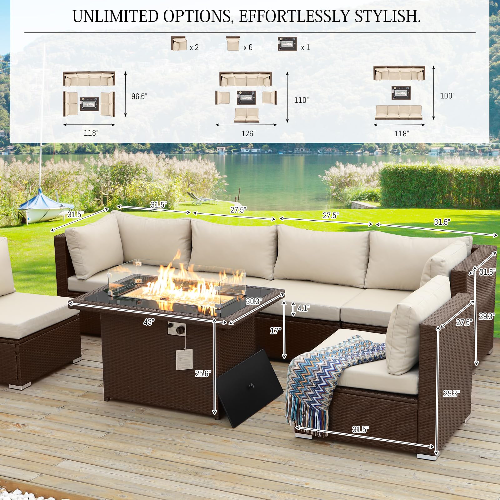 BULEXYARD High Back Brown PE Rattan Outdoor Patio Furniture Set with Propane Fire Pit Table, Large Wicker Outside Sectional Furniture Sofa Conversation Sets for Backyard(Beige, 9Pcs-A)