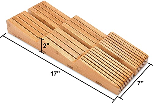 In-Drawer Bamboo Knife Block - Holds 14 Knives Plus a Slot for your Knife Sharpener, Premium Knife Drawer Organizer, Perfect Knife Organizer Drawer Insert or Drawer Knife Holder (2" tall, 17" deep)