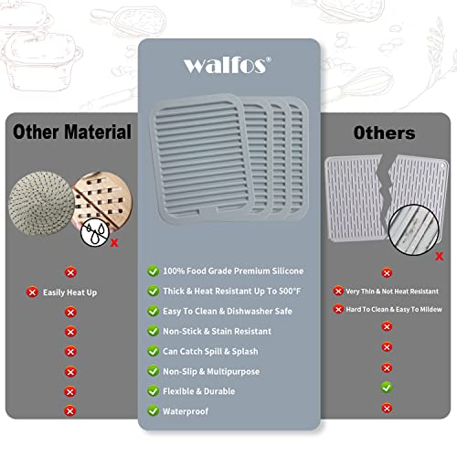 Walfos Silicone Trivets for Hot Pots and Pans - Heat Resistant Hot Pads for Kitchen Counter- 4 Pcs Multi-Purpose & Versatile Trivet Mat - Durable & Flexible Silicone Hot Pad(Gray)