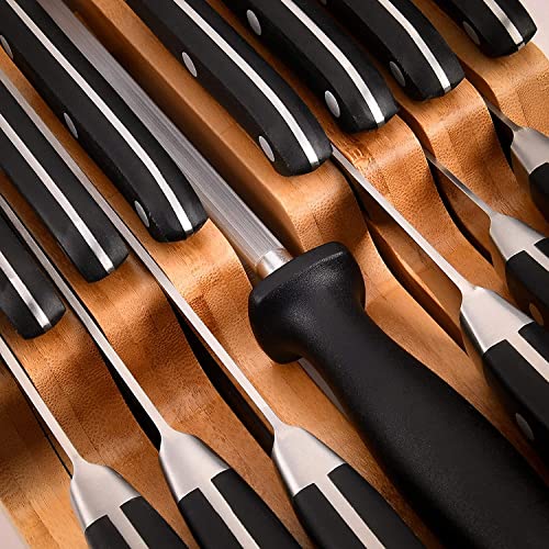 In-Drawer Bamboo Knife Block - Holds 14 Knives Plus a Slot for your Knife Sharpener, Premium Knife Drawer Organizer, Perfect Knife Organizer Drawer Insert or Drawer Knife Holder (2" tall, 17" deep)