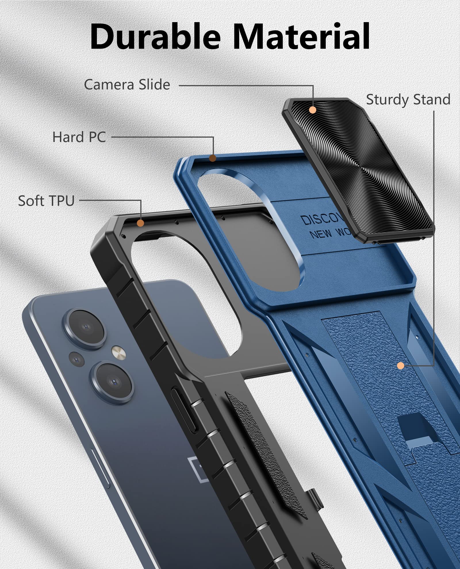 WTYOO Case for OnePlus Nord N20 5G: Military Grade Drop Proof Phone Protective Cover with Kickstand and Slide Cover Protection - Shockproof TPU Matte Textured