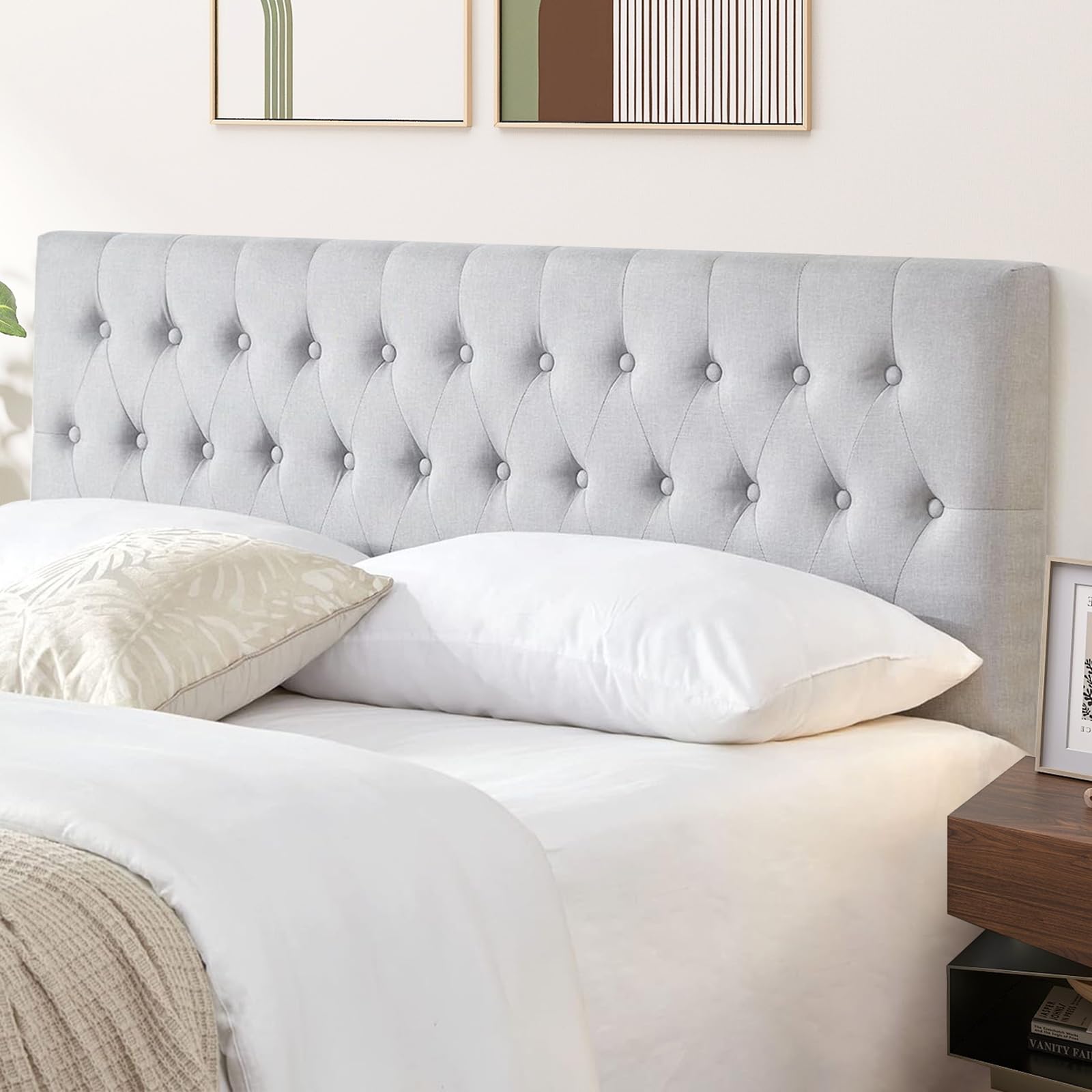 Kingfun Headboards for King Size Bed in Modern Button Design, Premium Linen Fabric Upholstered Tufted Bed Headboard, Adjustable Solid Wood Head Board, Grey