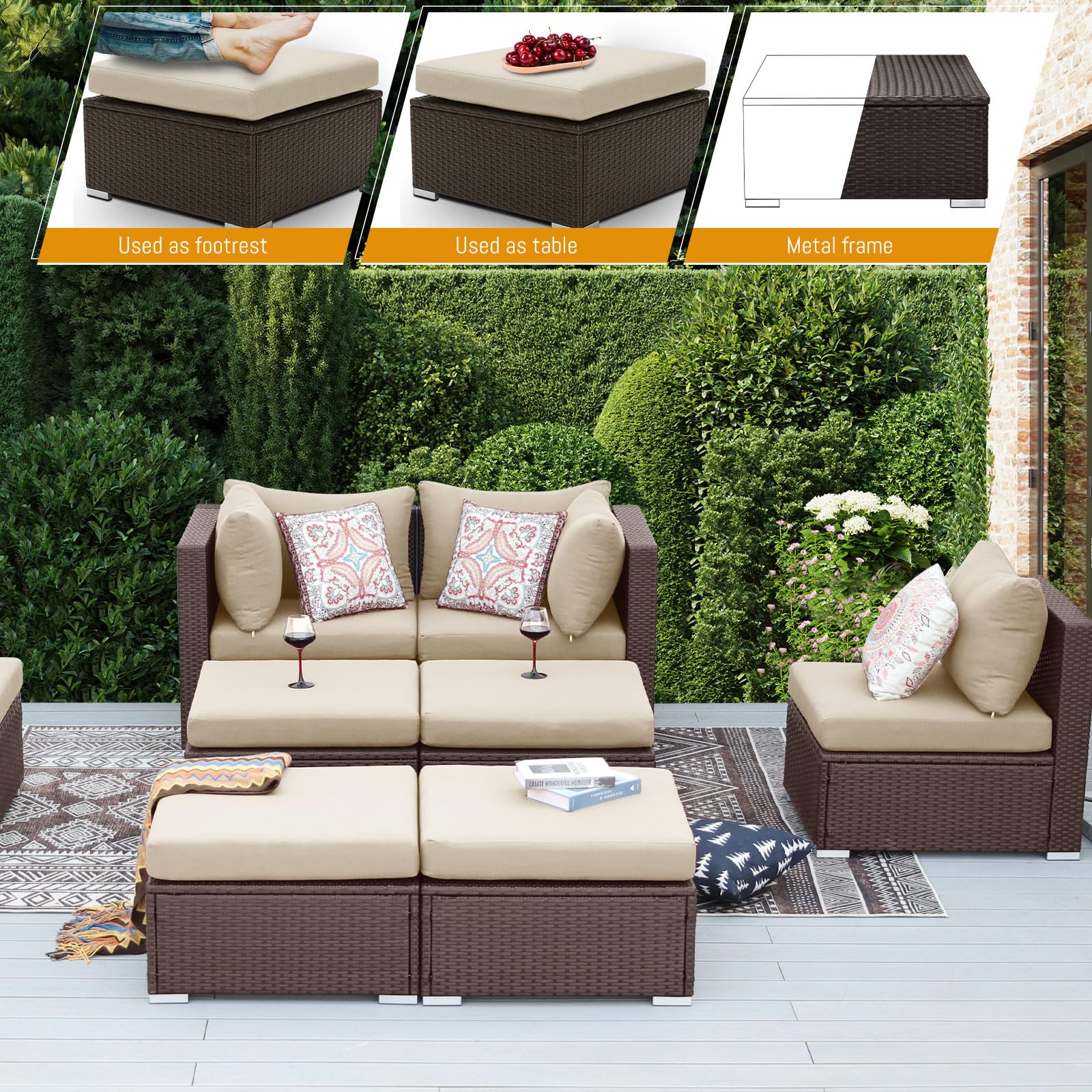 BULEXYARD High Back Brown PE Rattan Outdoor Patio Furniture Set with Propane Fire Pit Table, Large Wicker Outside Sectional Furniture Sofa Conversation Sets for Backyard(Beige, 9Pcs-A)