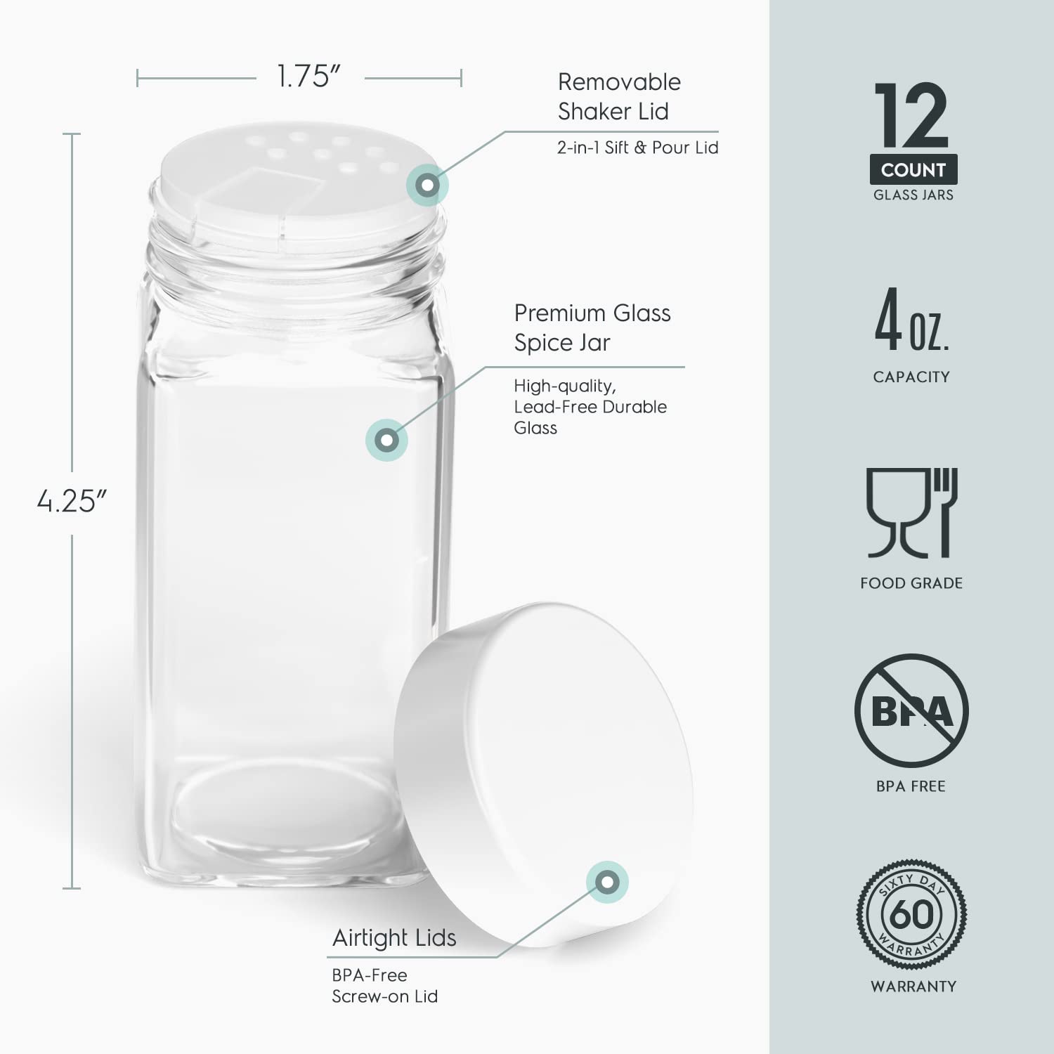 Tafts SQUARE Glass Spice Jars & Bottles l 33% Thicker - 12 Pcs Glass Spice - 3 oz or 4oz Empty Glass Spice Seasoning Containers l Shaker Lids and Airtight Caps l Aluminum Finish (Square, White)
