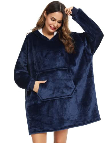 Blanket Hoodie,KJNANAE Oversized Sherpa Blanket Hoodie Dark Blue Sweatshirt for Women Gifts for Mom the Comfy Sweatshirt Blanket Wearable Blanket Oversized Sweatshirt for Women
