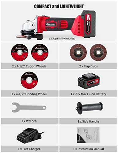 AVID POWER Cordless Angle Grinder with 4-pole Motor, 20V Cordless Grinders Tools w/4.0A Battery & Fast Charger, 4-1/2 Inch Grinding Wheels, Cutting Wheels, Flap Discs and Adjustable Auxiliary Handle