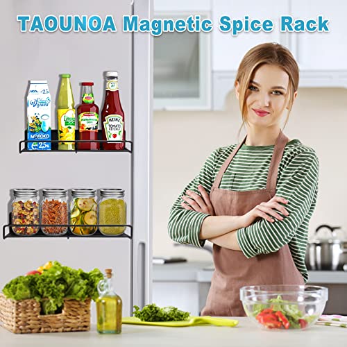 TAOUNOA 4pcs Magnetic Fridge Shelf - 2pcs Large Magnetic Spice Rack for Refrigerator and 2pcs Small Magnetic Refrigerator Organizer, Black