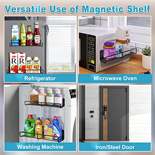 TAOUNOA 4pcs Magnetic Fridge Shelf - 2pcs Large Magnetic Spice Rack for Refrigerator and 2pcs Small Magnetic Refrigerator Organizer, Black