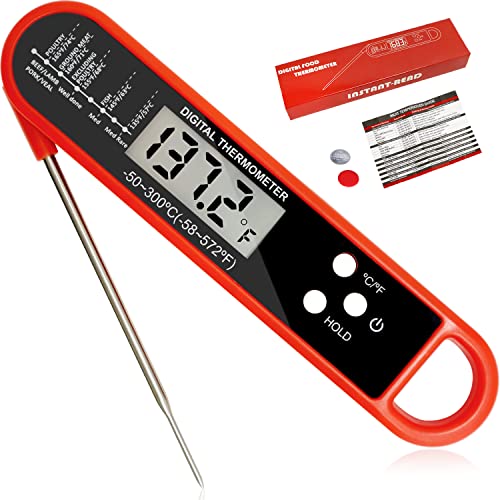 GR Smith - Digital Meat Thermometer - Fast & Precise Food Thermometer with Magnet - Foldable Probe - Grill & Cooking - Outdoor Camping & Kitchen Accessories - Water Resistant - Red