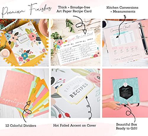 Recipe Binder 3 Ring Organizer Blank Recipe Book 8.5" x 9.5" with 50 Blank Recipes Cards (4x6), Full Page Dividers, Plastic Page Protectors Recipe Book to Write in Your own Recipes