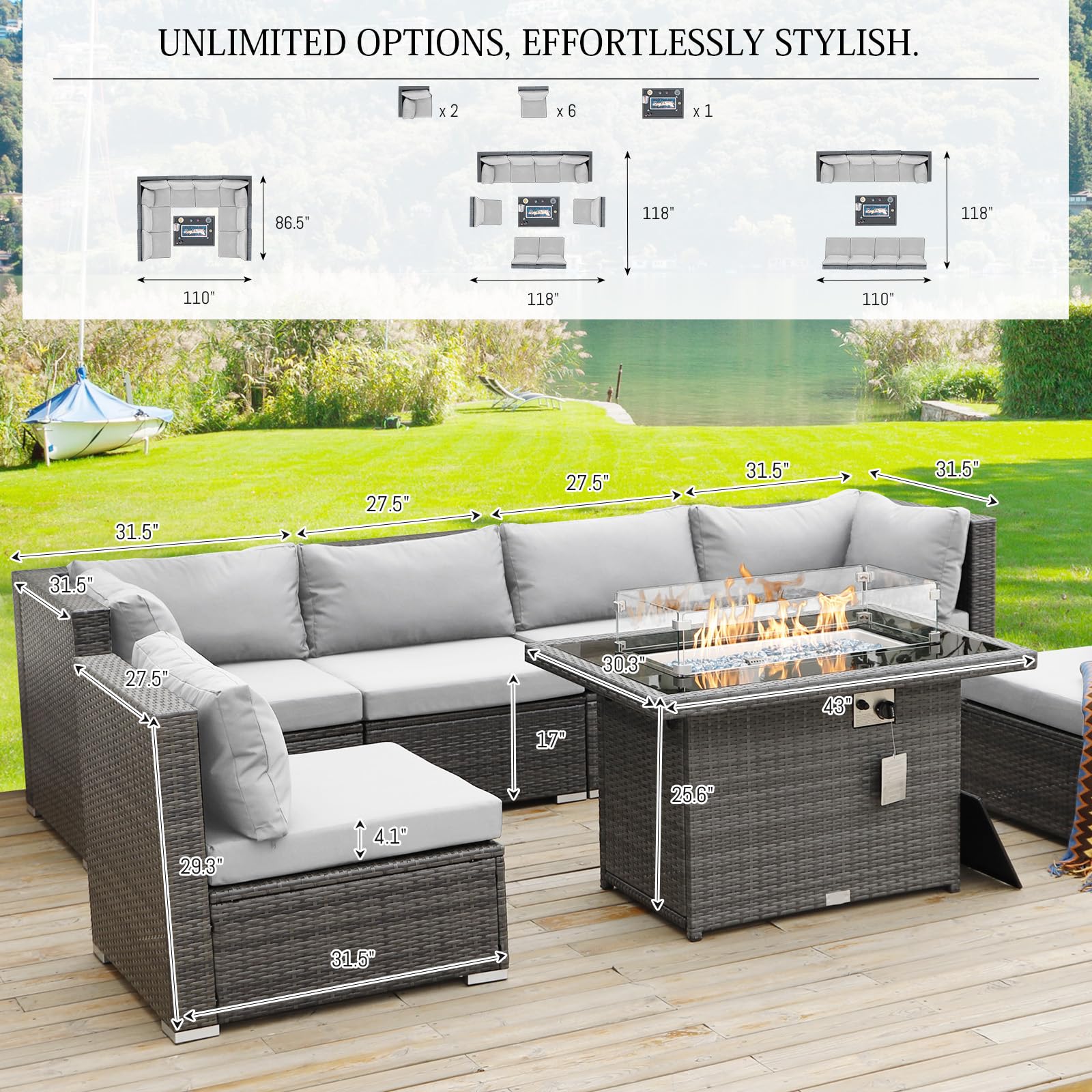 BULEXYARD Grey PE Wicker Patio Furniture Sectional Conversation Sofa Set with 43" Propane/Natural Gas Fire Pit Table, Large Size High Back Outdoor Furniture Set with Fireplace(9Pcs-A, Light Grey)