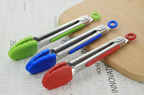 HINMAY Small Tongs with Silicone Tips 7-Inch Mini Serving Tongs, Set of 3 (Red Blue Green)
